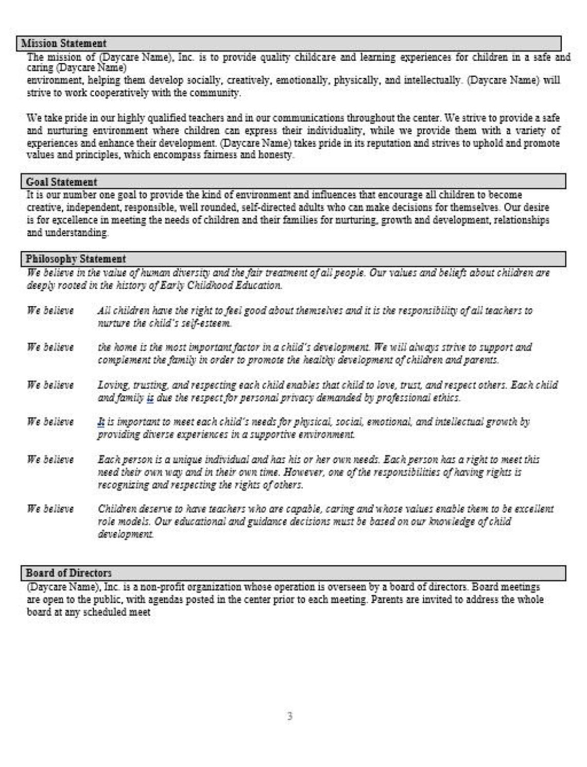 Daycare Employee Handbook/ Editable Daycare Employee Handbook ...
