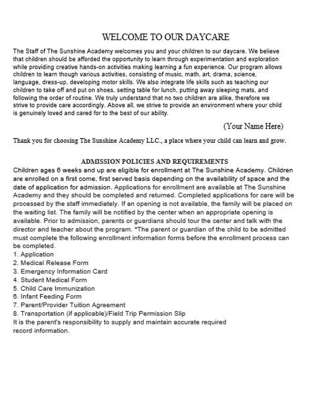 Daycare Startup Bundle Customizable and Printable Forms / Employee and ...