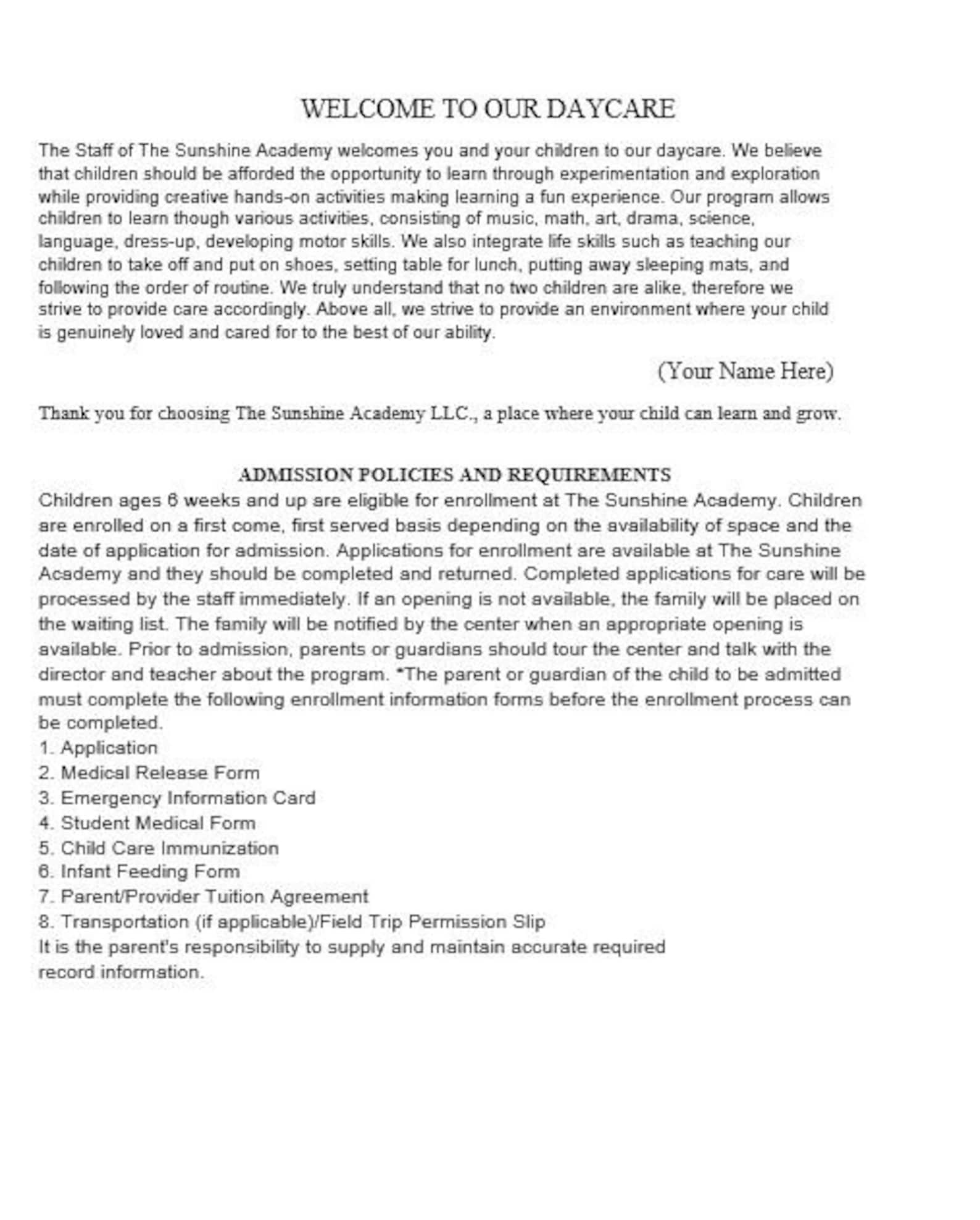 Daycare Startup Bundle Customizable and Printable Forms / Employee and ...