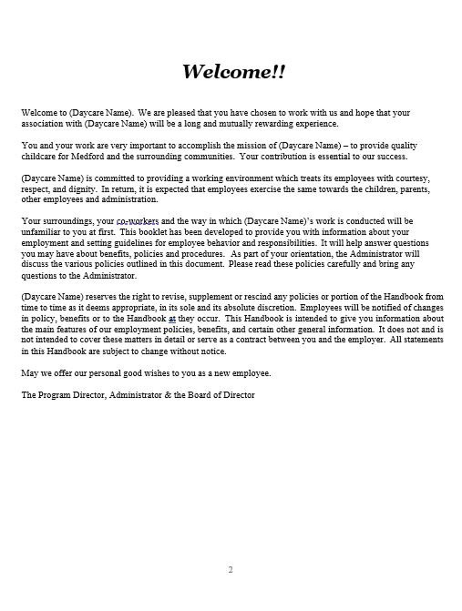 Daycare Employee Handbook/ Editable Daycare Employee Handbook ...