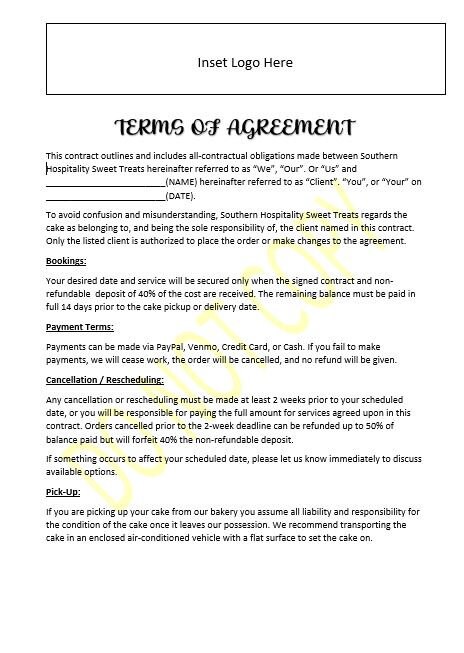 Bakery Order Form / Cupcake Contract/ Cake Contract / Order Form ...