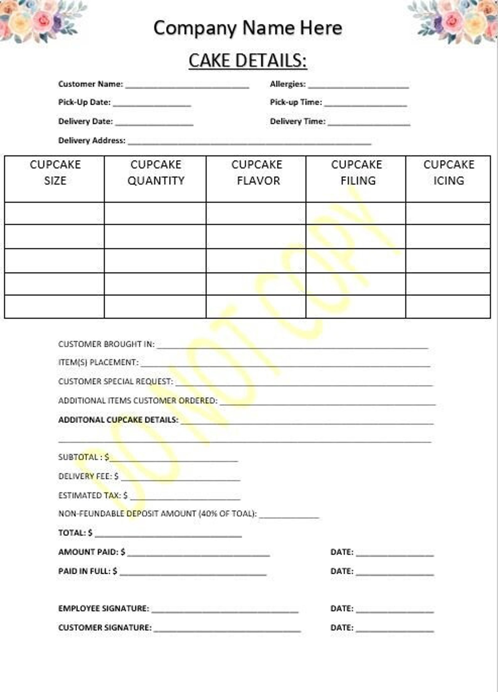 Bakery Order Form / Cupcake Contract/ Cake Contract / Order Form ...