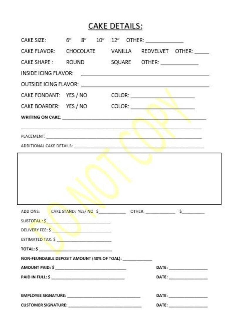 Bakery Order Form / Cupcake Contract/ Cake Contract / Order Form ...