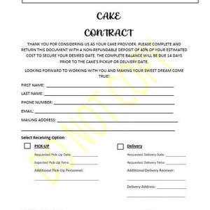 Bakery Order Form / Cupcake Contract/ Cake Contract / Order Form ...