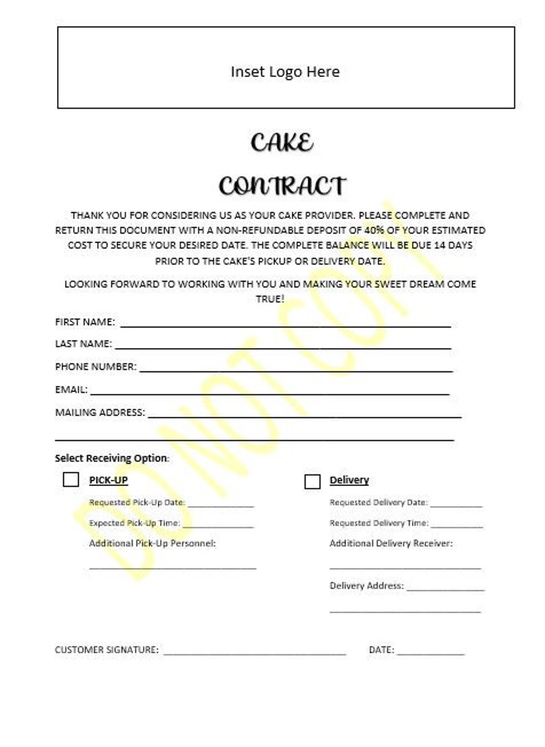 Bakery Order Form / Cupcake Contract/ Cake Contract / Order Form ...