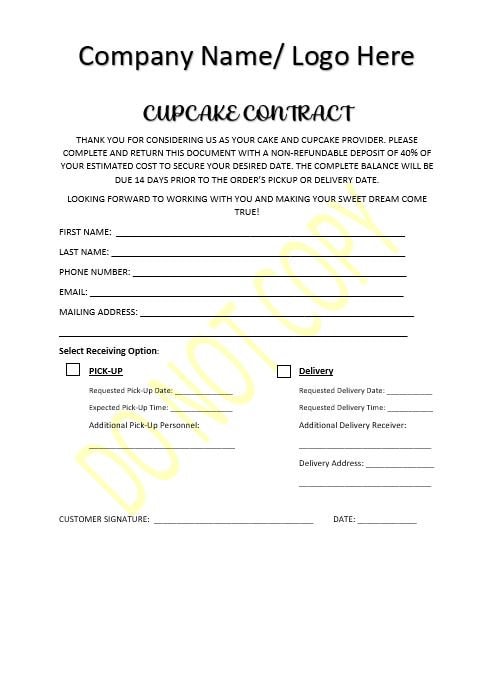 Bakery Order Form / Cupcake Contract/ Cake Contract / Order Form ...