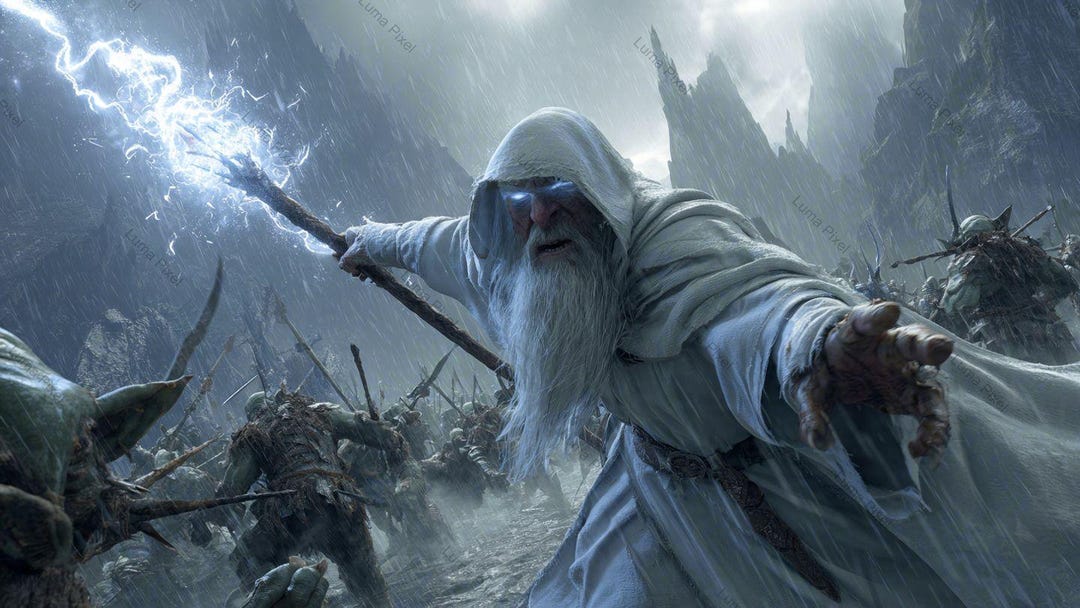 Epic White Wizard Digital Art Print | Majestic Sorcerer With Lightning ...
