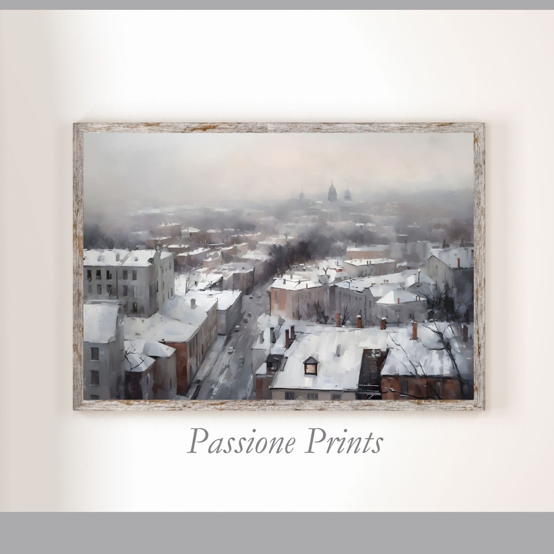 Misty Winter Morning | Snow-covered Cityscape Printable | Muted Urban ...
