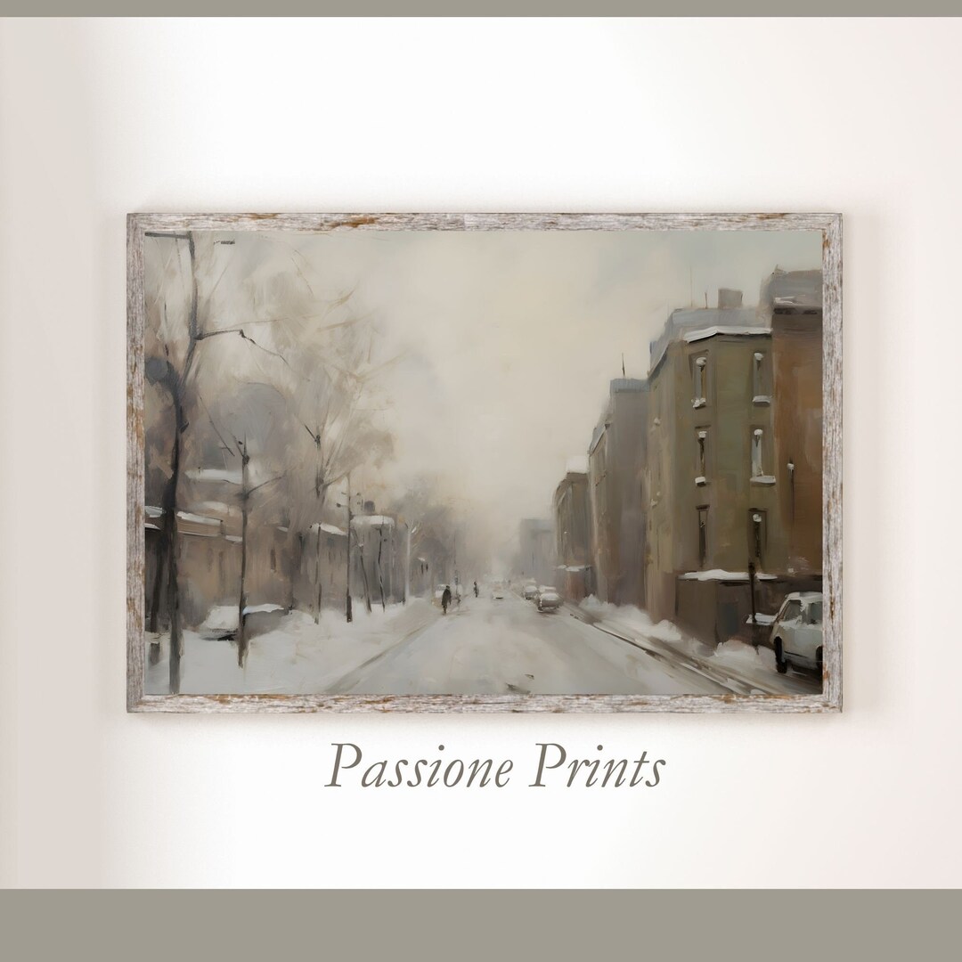 Snowy City Street Scene Printable | Muted Winter Light | Vintage ...