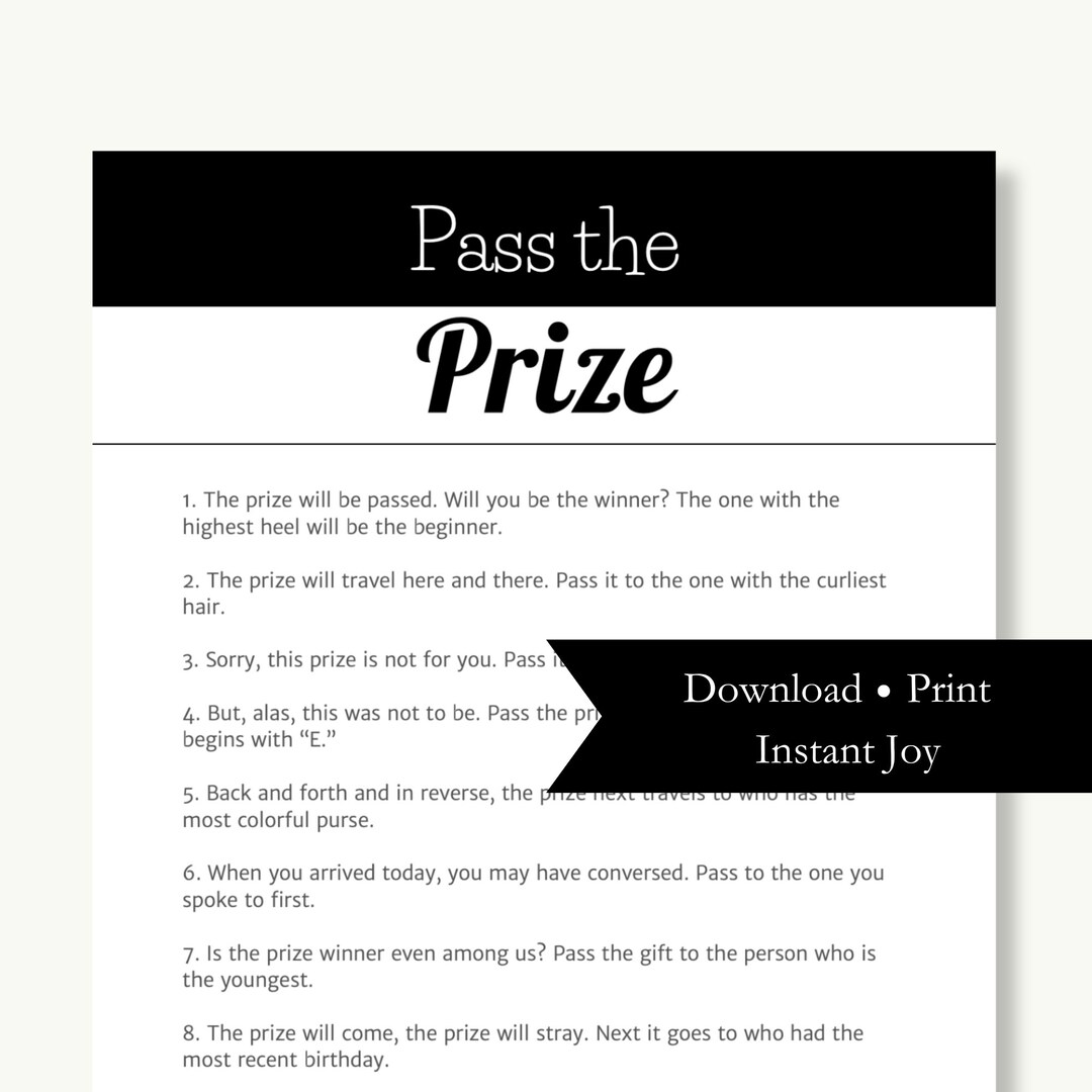 Pass the Prize Black and White Game Instant Download - Etsy