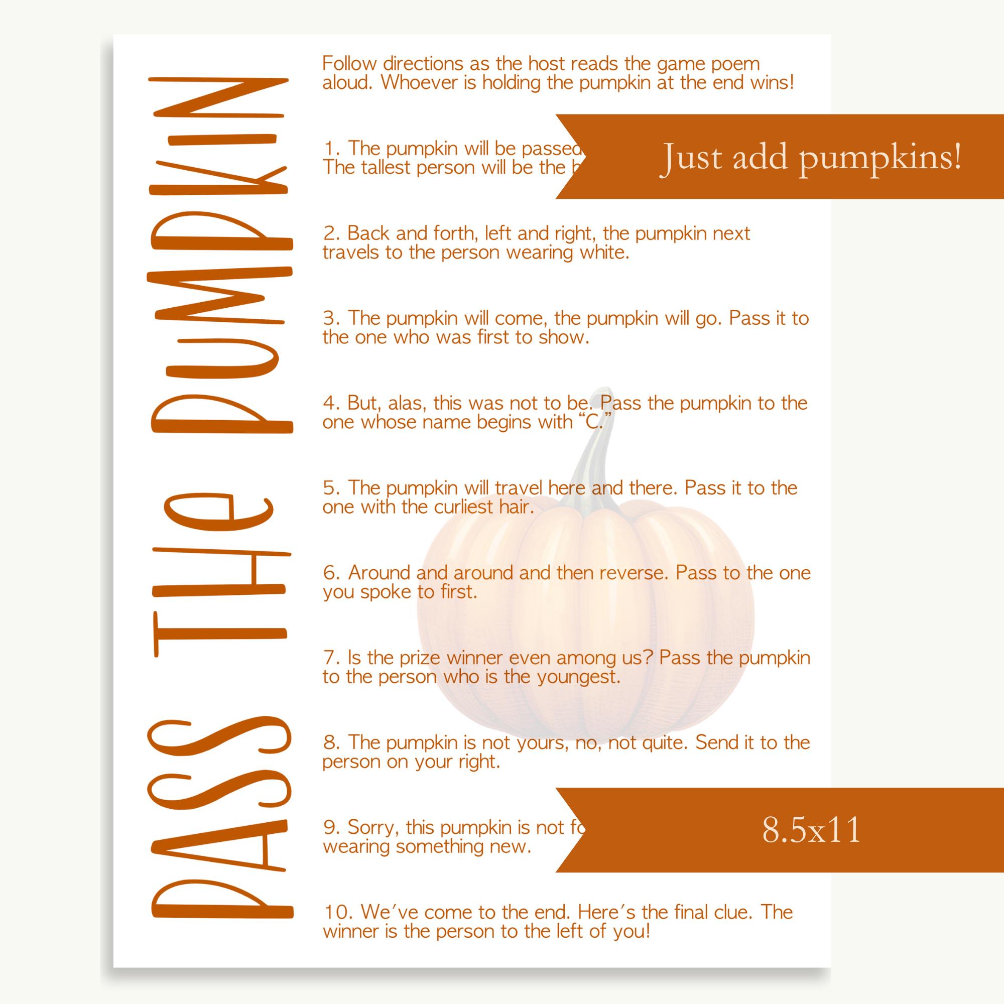 Pass the Pumpkin, Instant Download Printable, Fall Party Game for ...
