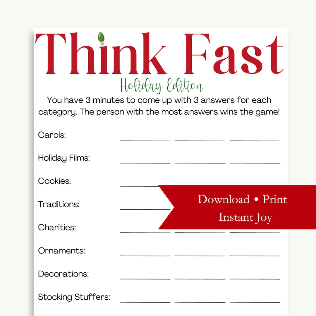 Holiday Think Fast Printable Game, Instant Download for Christmas ...