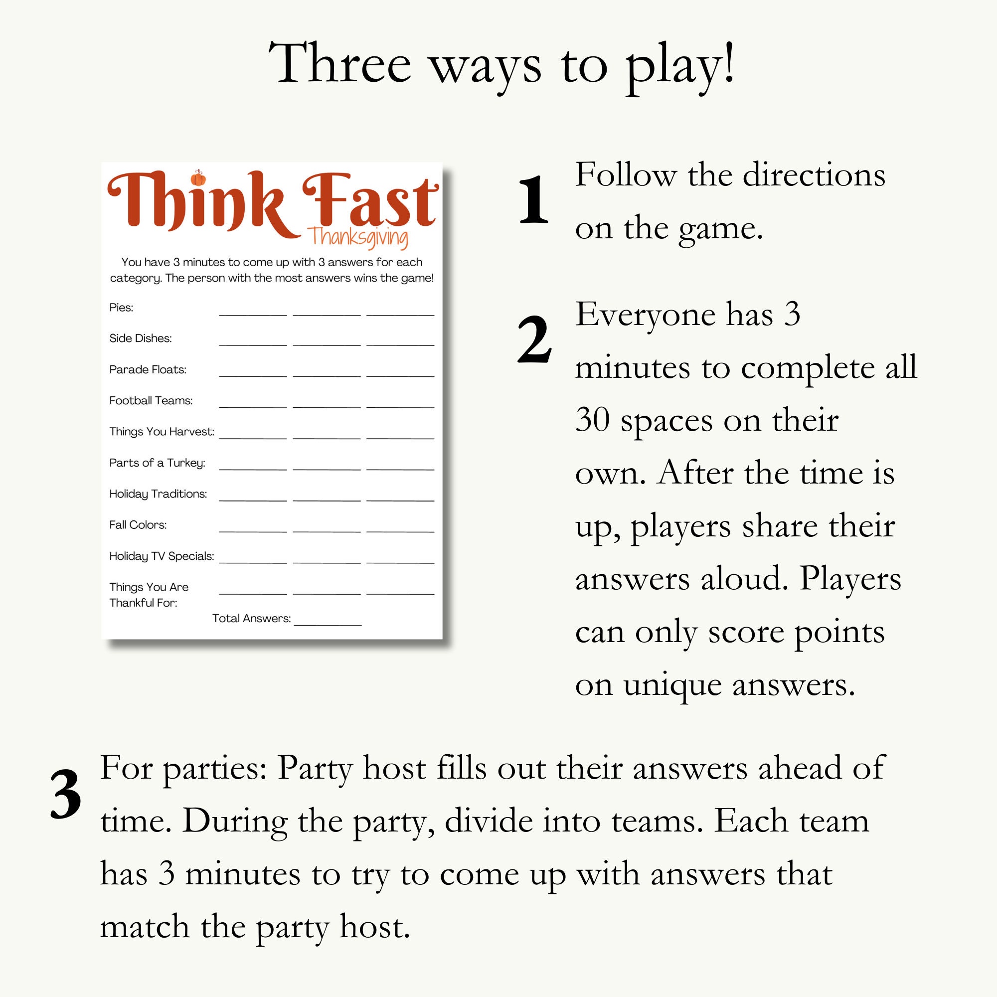 Thanksgiving Think Fast, Instant Download, Printable Party Game for ...