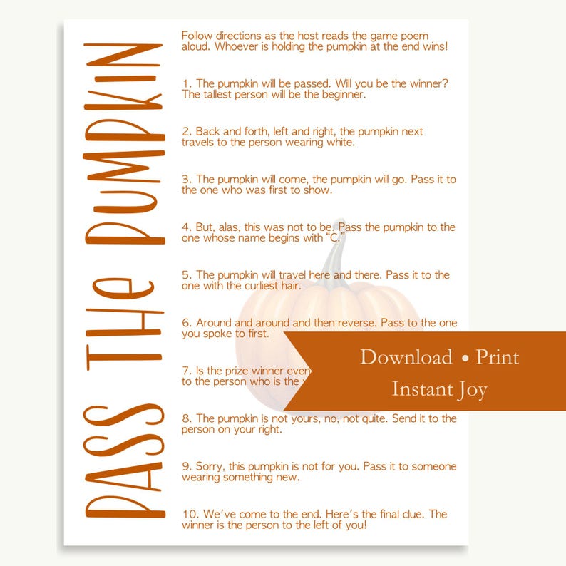 Pass the Pumpkin, Instant Download Printable, Fall Party Game for ...