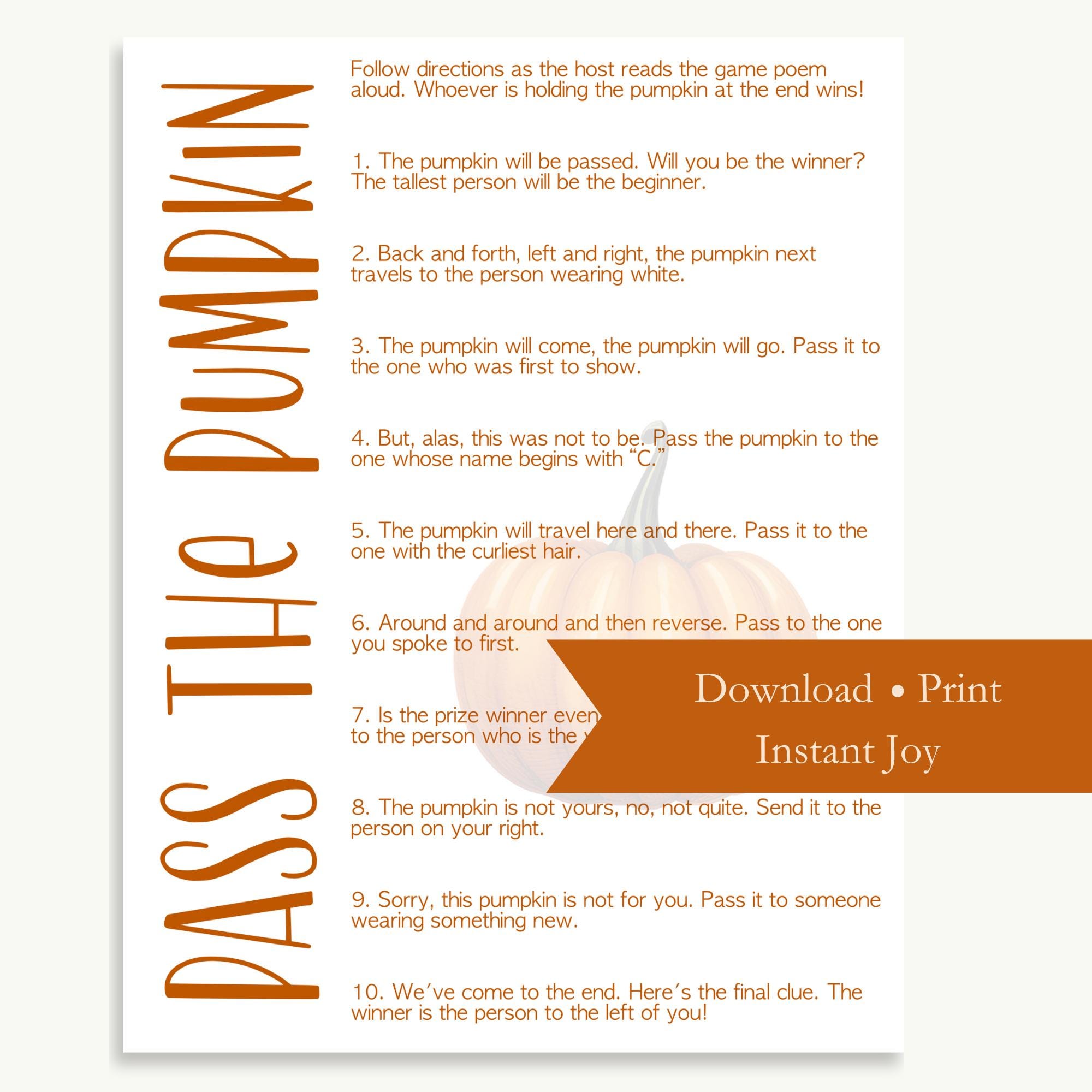 Pass the Pumpkin, Instant Download Printable, Fall Party Game for ...