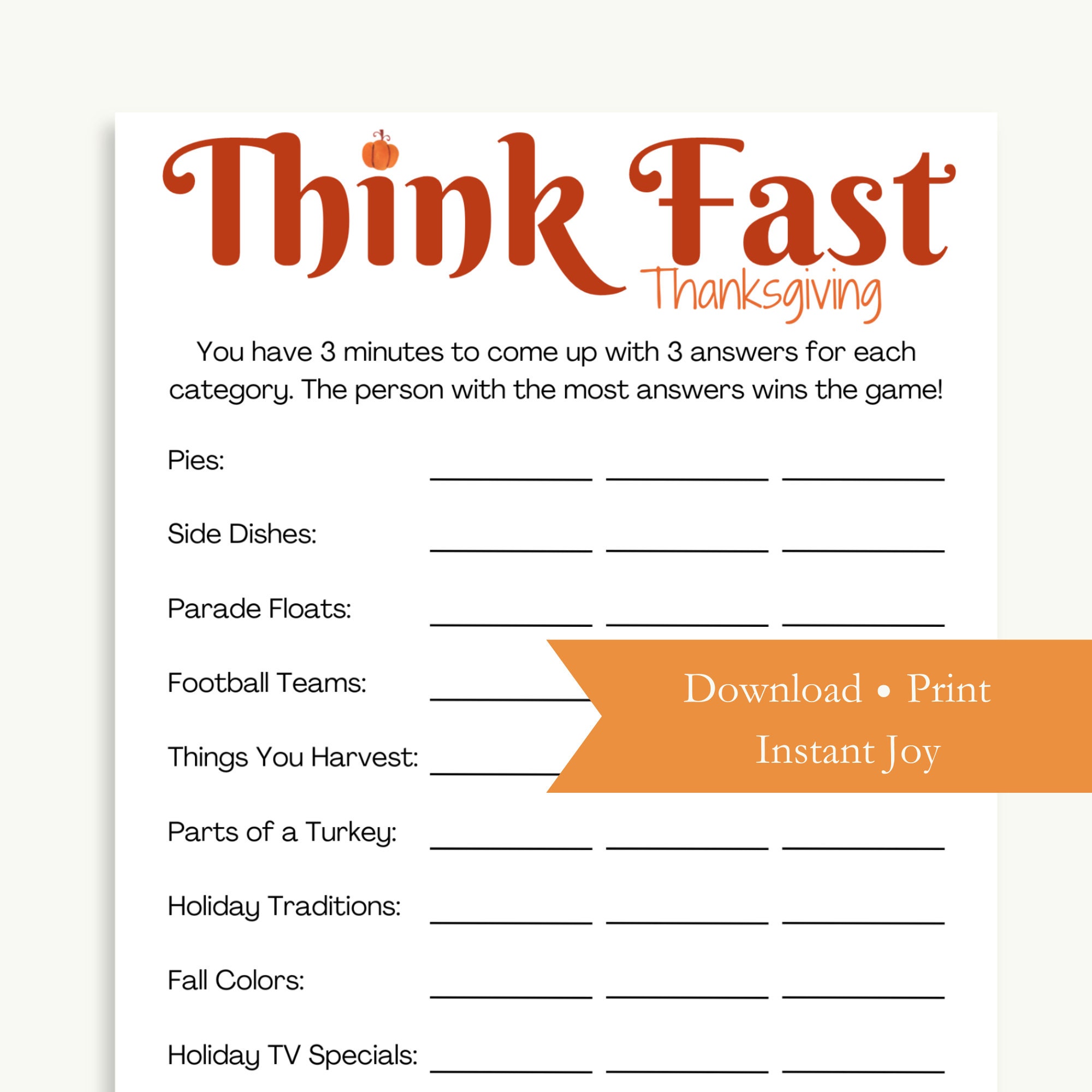 Thanksgiving Think Fast, Instant Download, Printable Party Game for ...