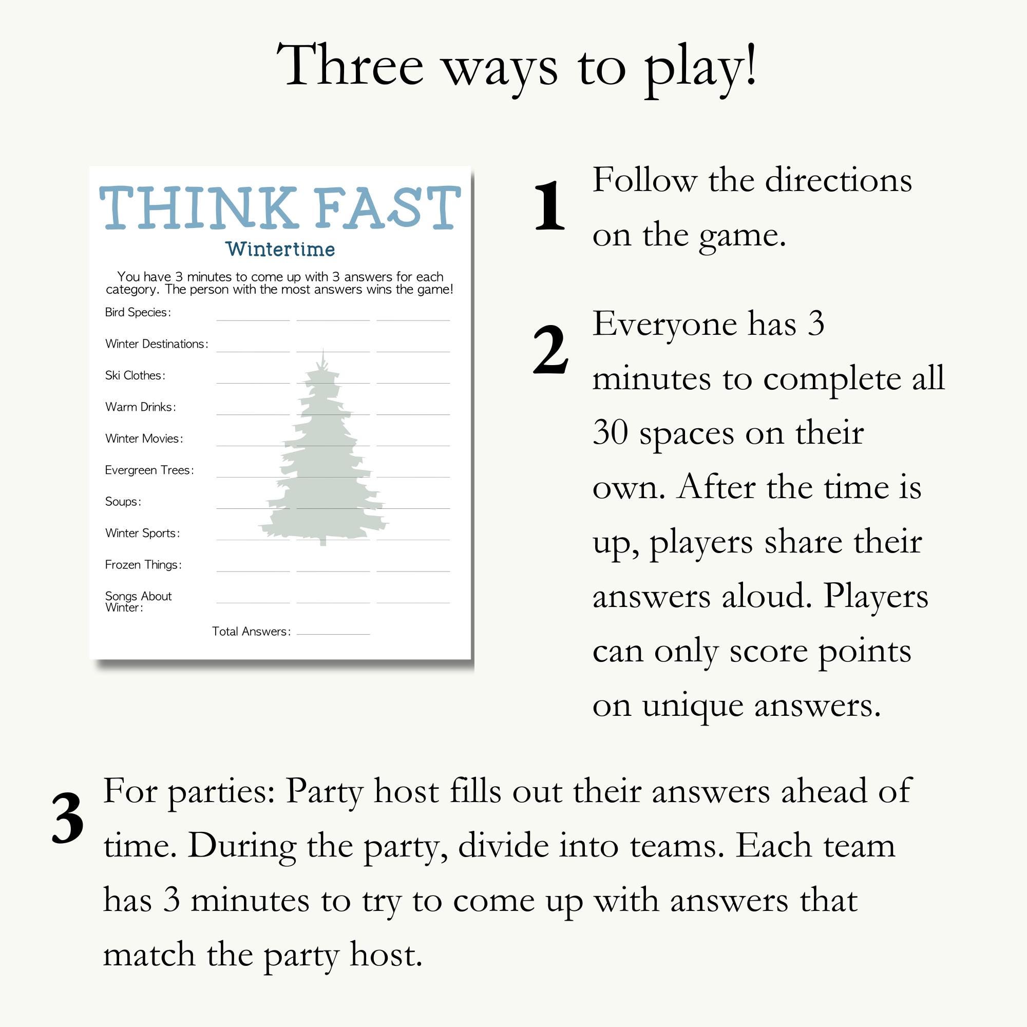 Winter Think Fast Printable Game, Icebreaker for Adults, Family Game ...