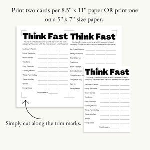 Think Fast Printable Game, Family Game Night, Family Reunion, Small ...
