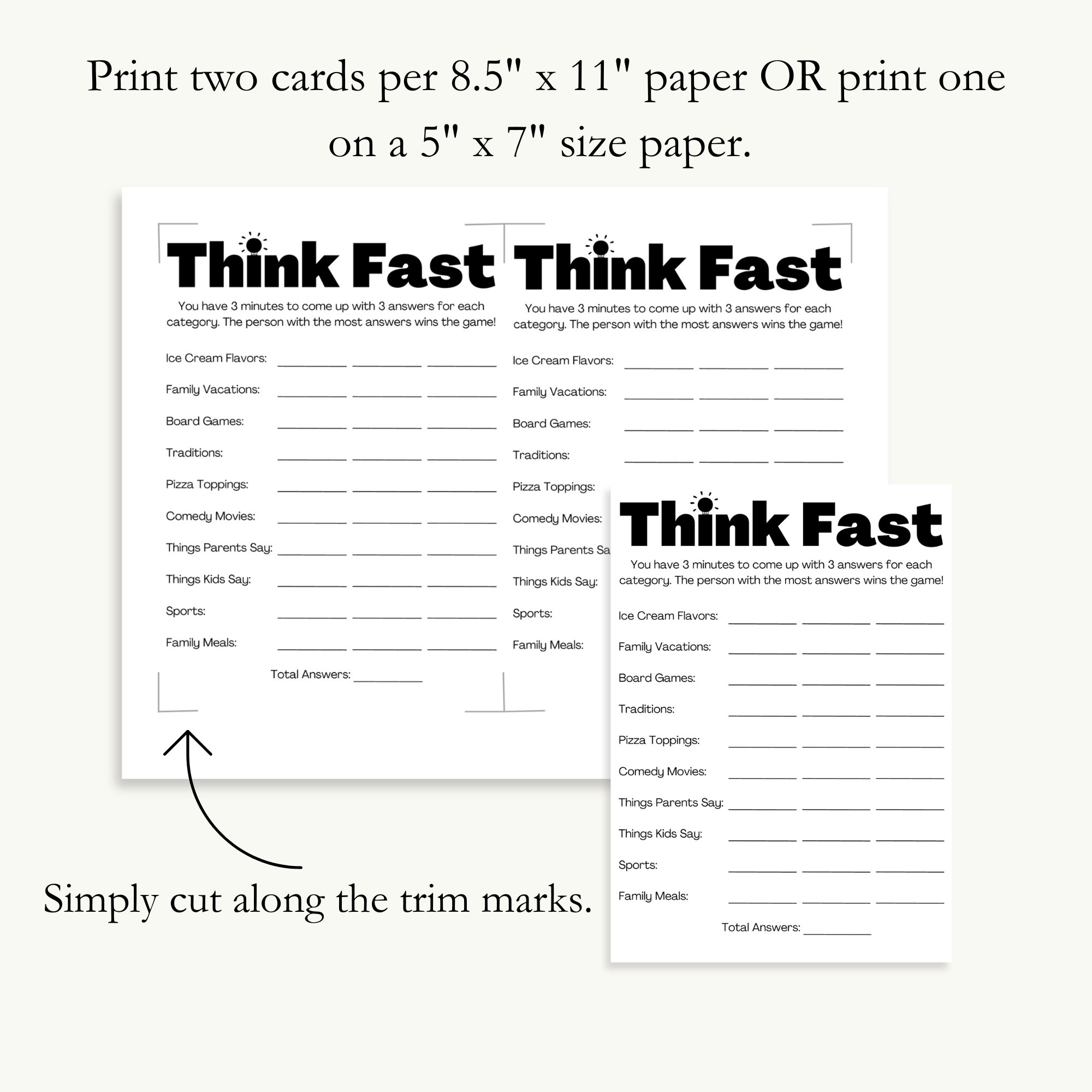 Think Fast Printable Game, Family Game Night, Family Reunion, Small ...