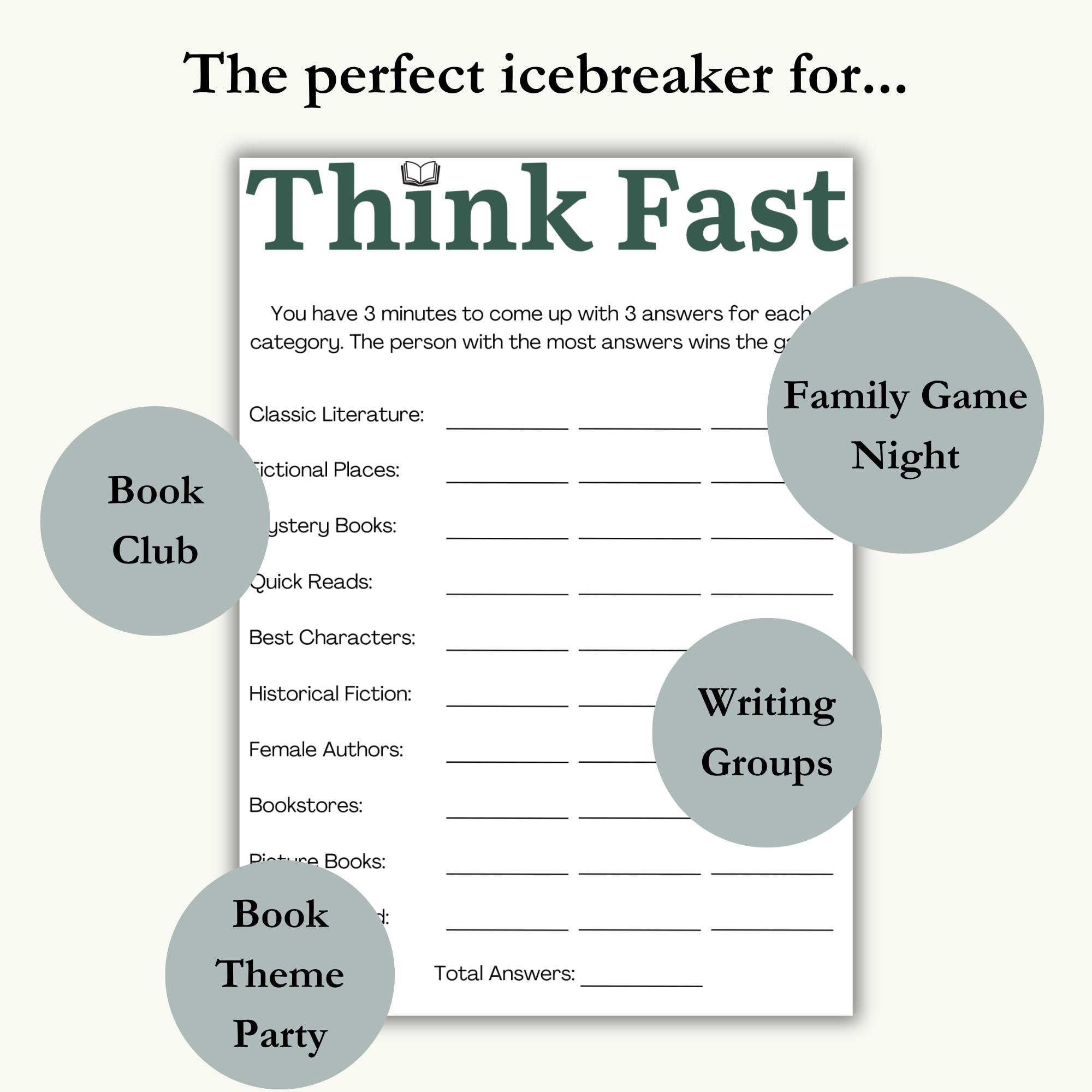 Book Club Think Fast Printable Game, Writing Group, Book Theme Party ...