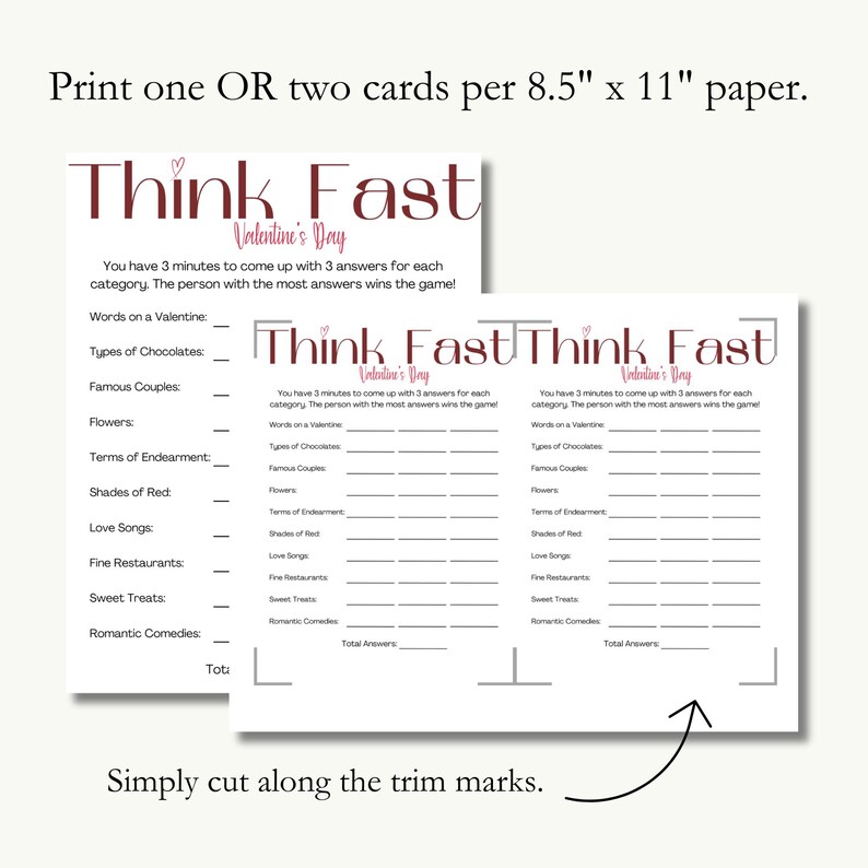 Valentine's Think Fast Printable Game, Instant Download for Parties ...