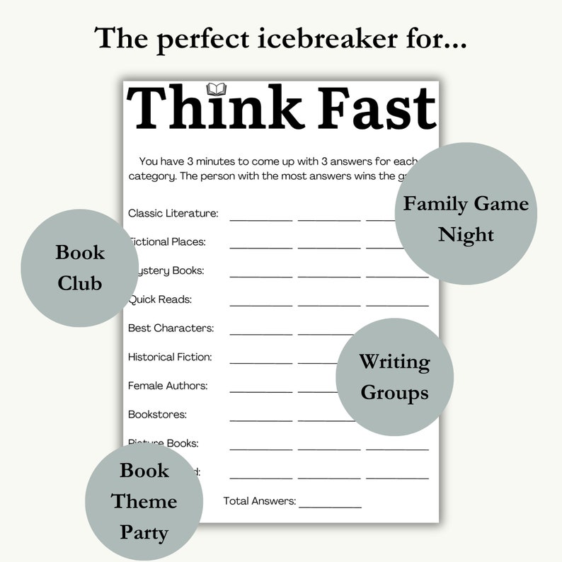 Book Club Think Fast Printable Game Writing Group Book Theme - Etsy