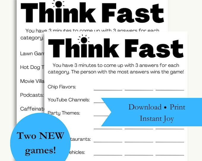 Think Fast Expansion Pack, Two New Printable Games for Teens, Family ...