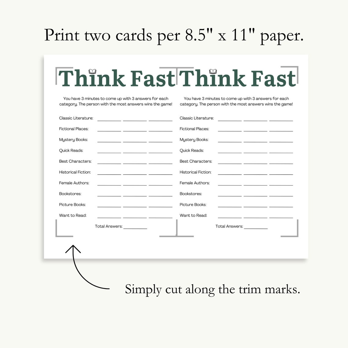 Book Club Think Fast Printable Game, Writing Group, Book Theme Party ...