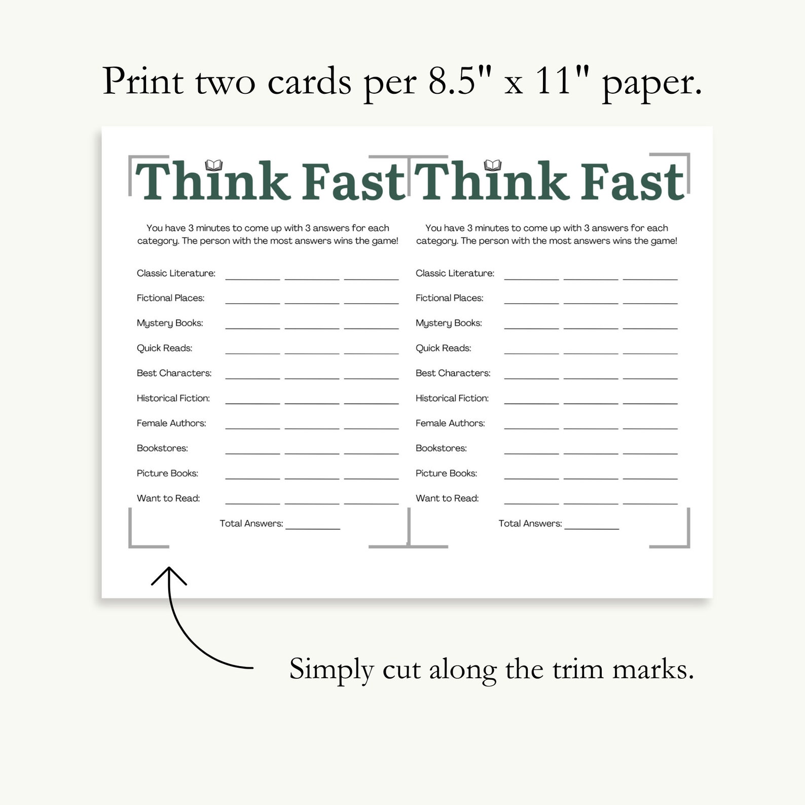Book Club Think Fast Printable Game, Writing Group, Book Theme Party ...