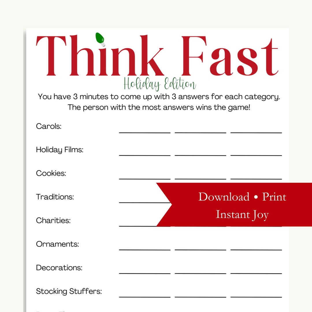 Holiday Think Fast Printable Game, Instant Download for Christmas Party ...