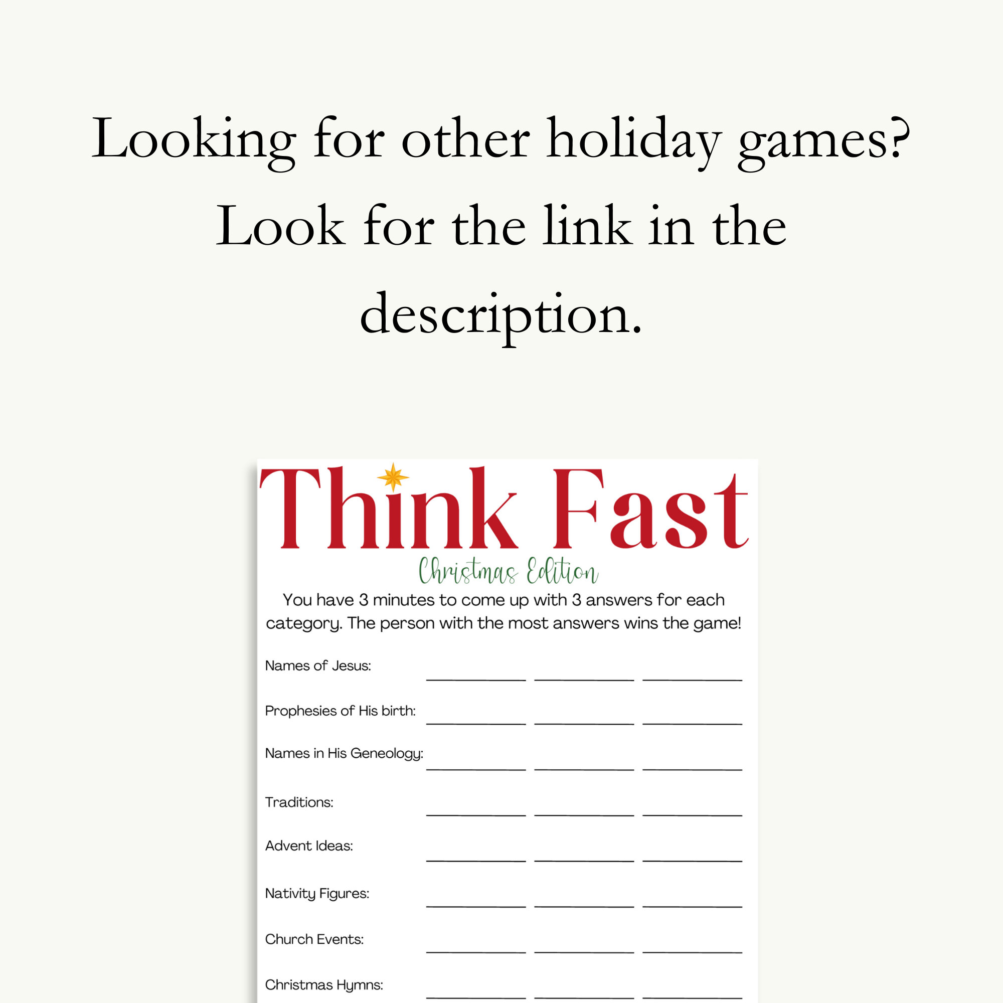 Holiday Think Fast Printable Game, Instant Download for Christmas ...