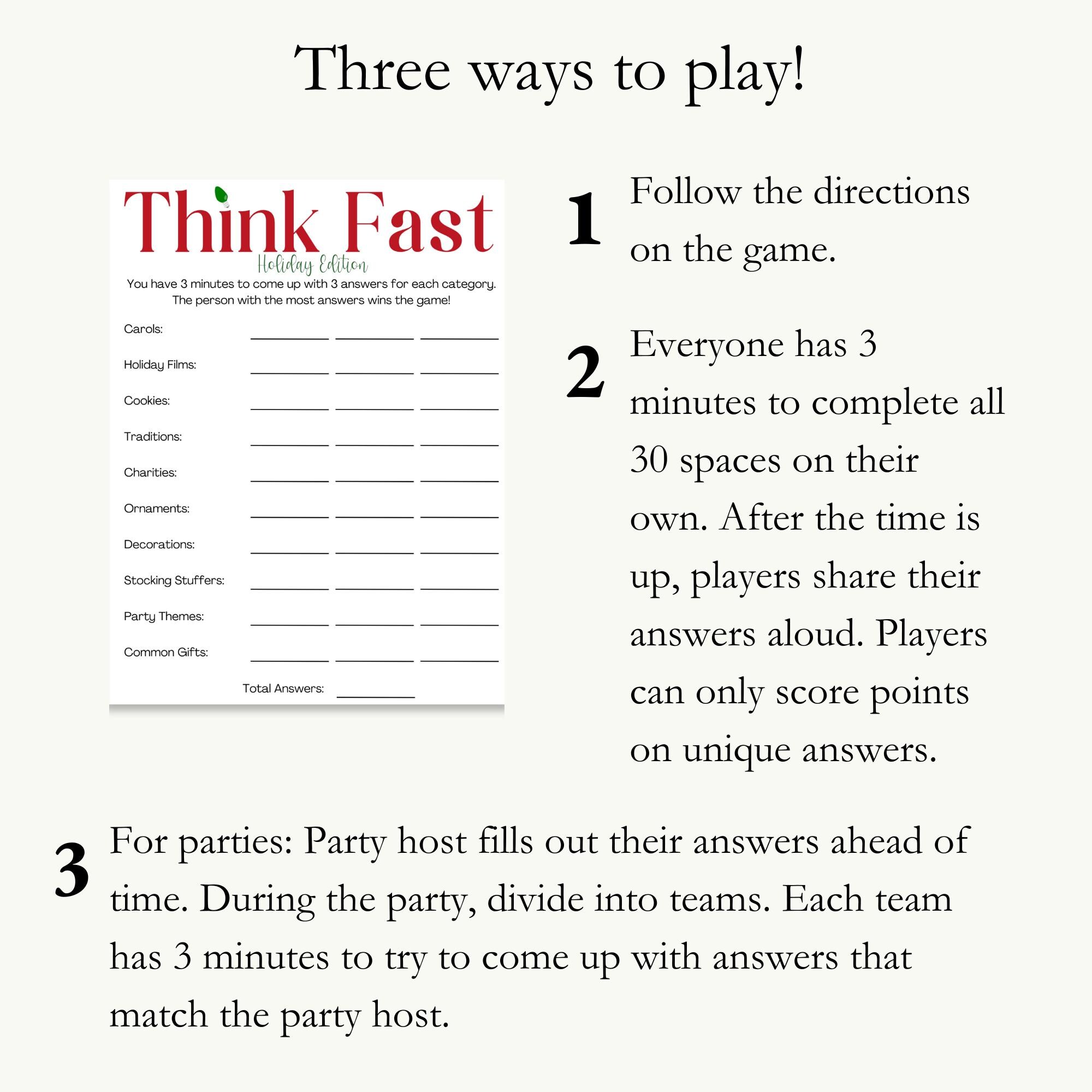Holiday Think Fast Printable Game, Instant Download for Christmas Party ...