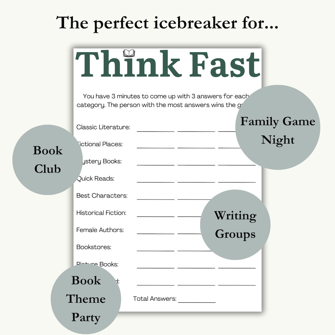 Book Club Think Fast Printable Game, Writing Group, Book Theme Party ...