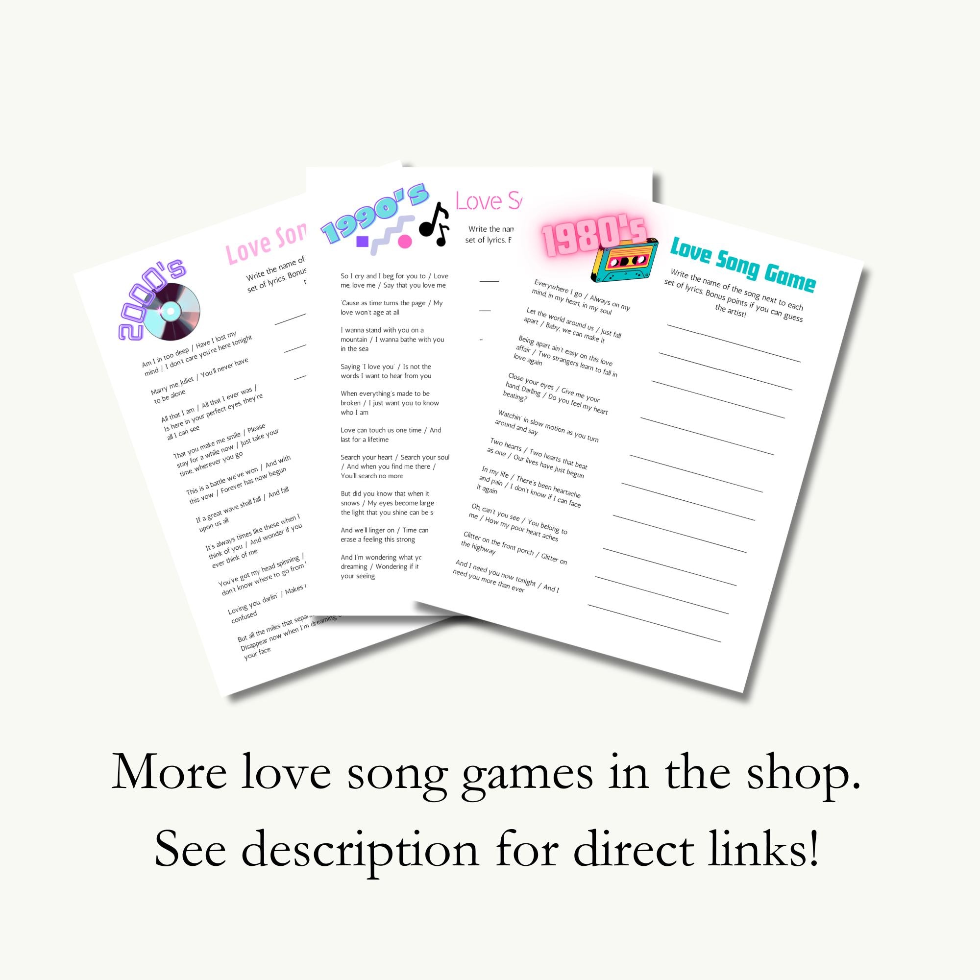 Y2K Party Game, Printable 2000's Love Song Lyrics With Answer Key ...