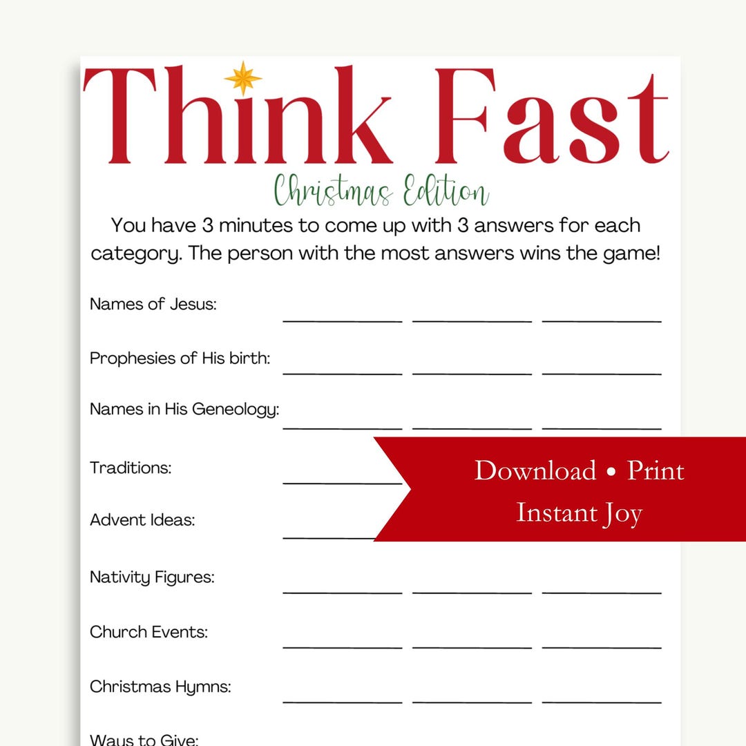 Christmas Think Fast Printable Game, Instant Download for Holiday ...