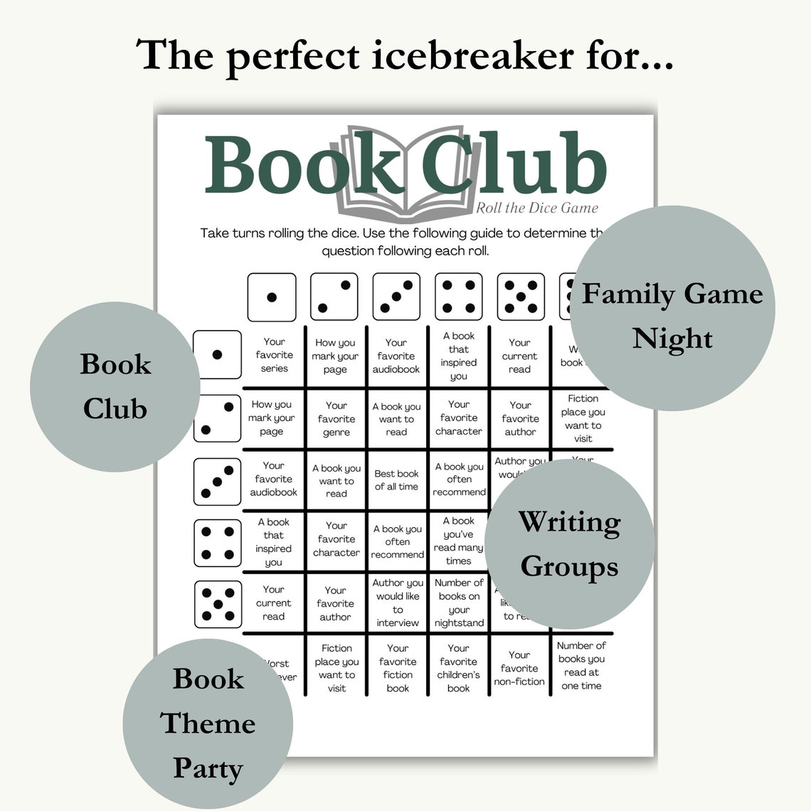 Book Club Dice Game Printable, Writing Group, Book Theme Party Game ...