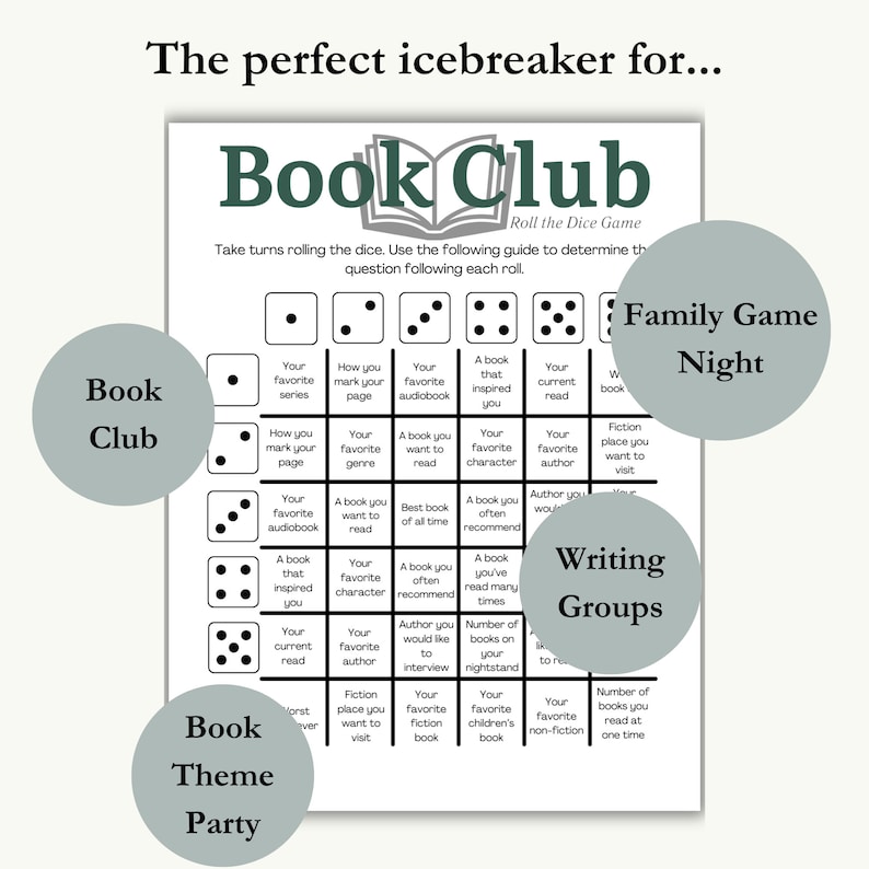 Book Club Dice Game Printable, Writing Group, Book Theme Party Game ...