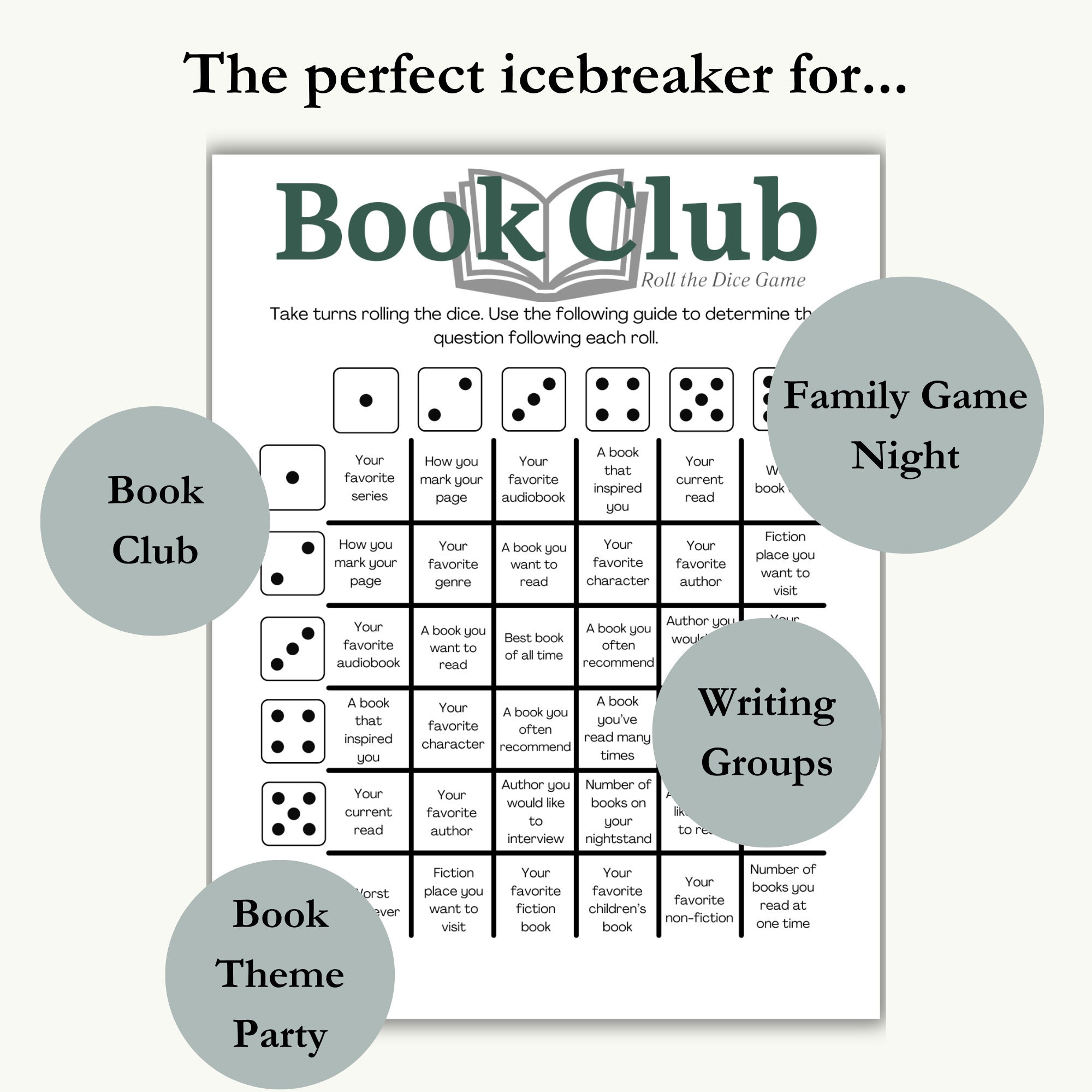 Book Club Dice Game Printable, Writing Group, Book Theme Party Game ...