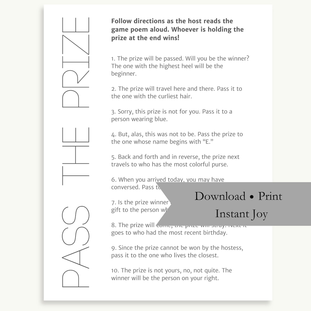 Pass the Prize Game Modern Minimalist Instant Download, Print for ...