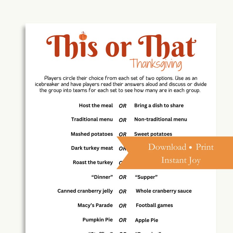 This or That Thanksgiving Game, Printable Holiday Icebreaker for ...
