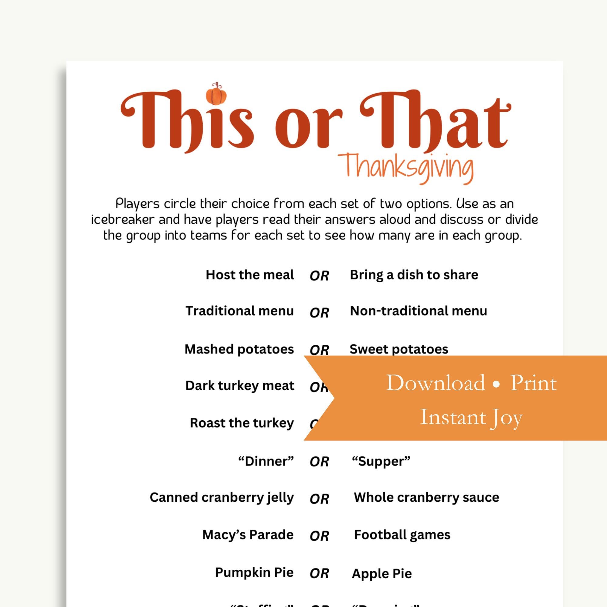 This or That Thanksgiving Game, Printable Holiday Icebreaker for ...