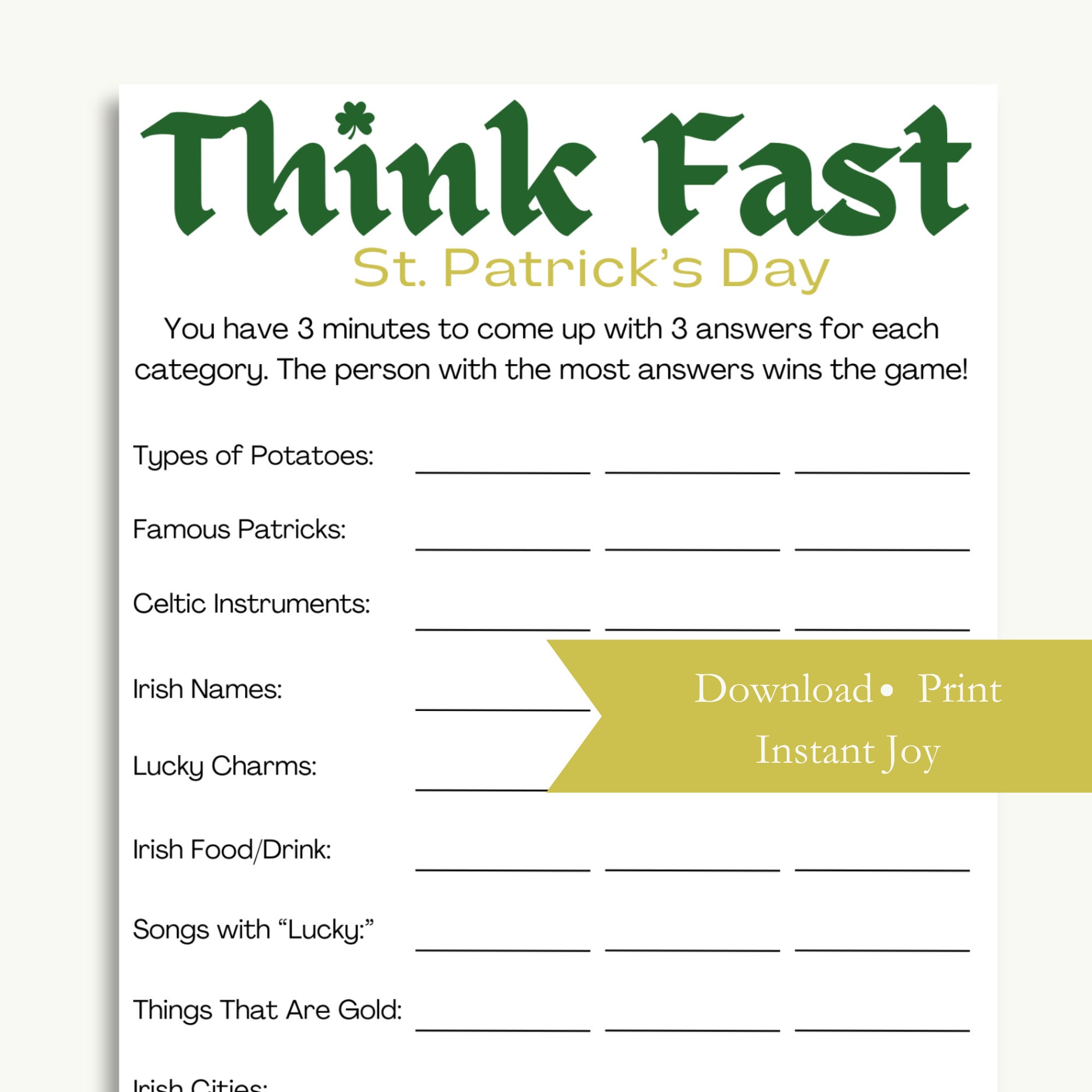St. Patrick's Day Think Fast Printable Game, Instant Download for ...