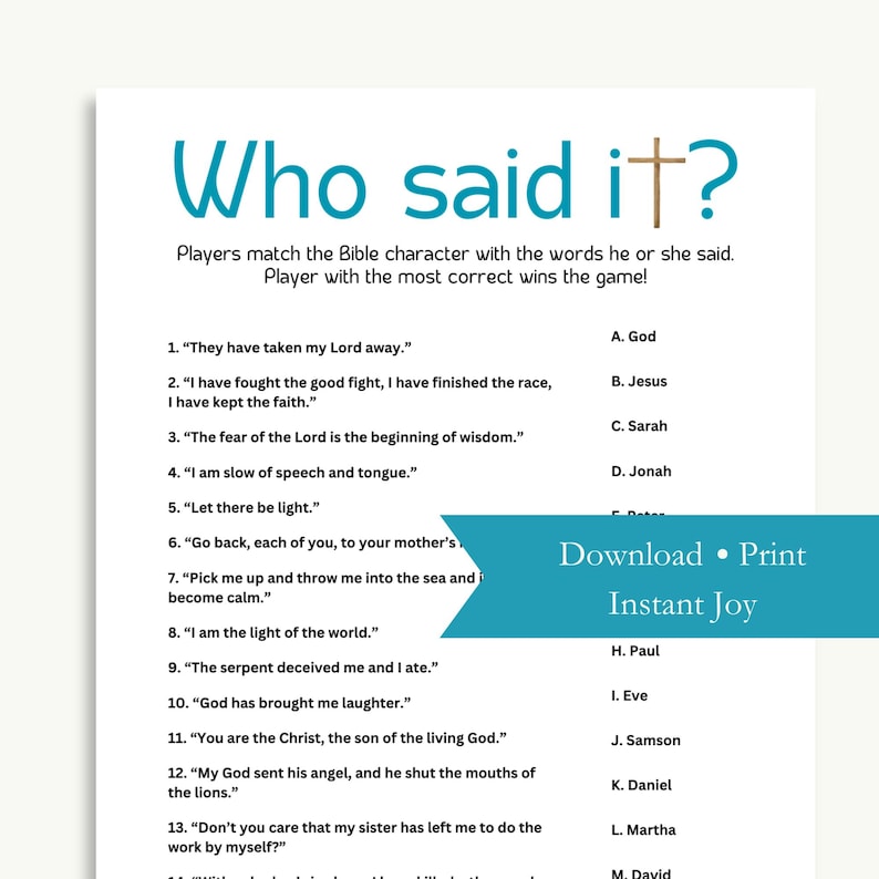 Who Said It? Bible Game, Printable Bible Verse Trivia Download for ...
