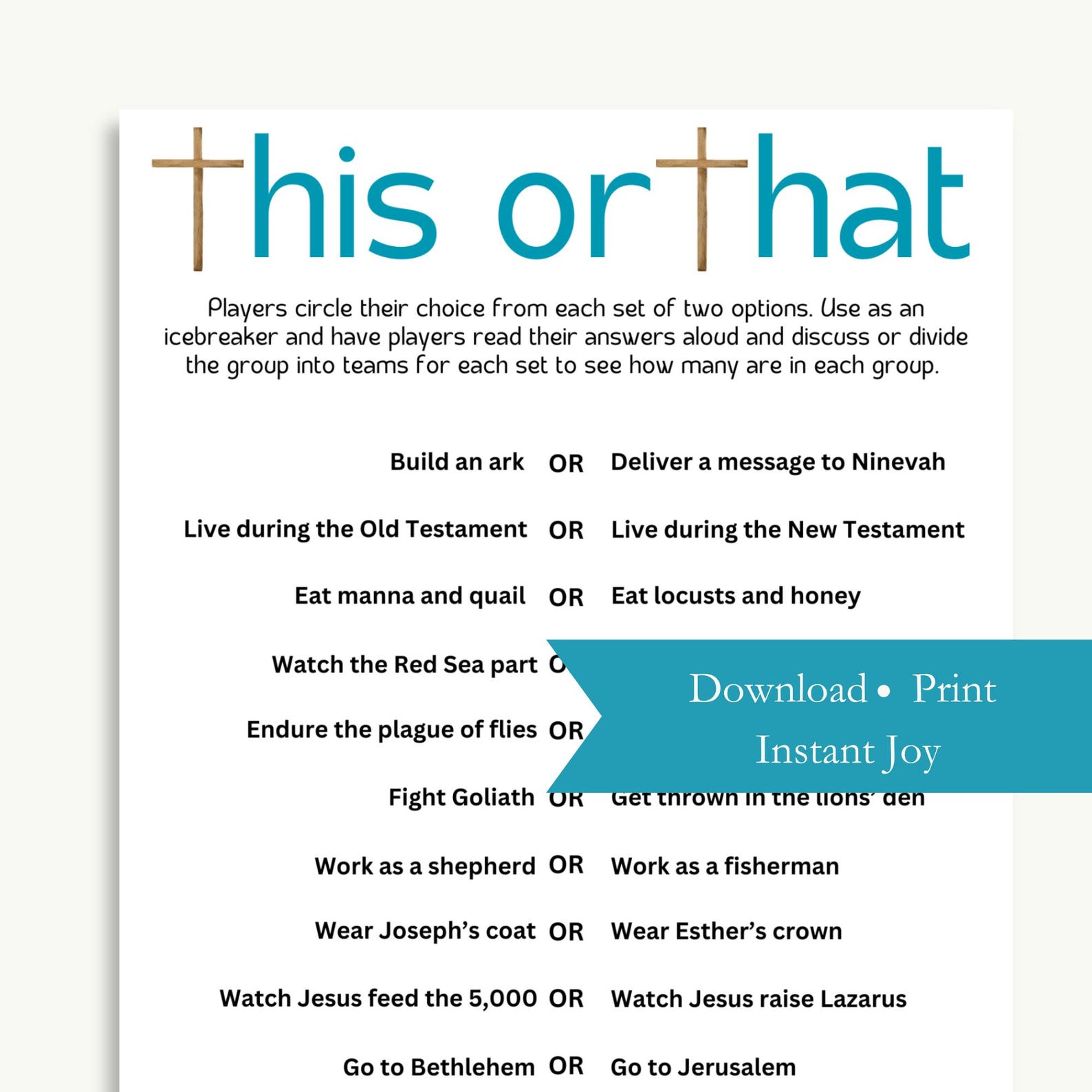 This or That Bible Game, Printable Icebreaker for Bible Study, Youth or ...