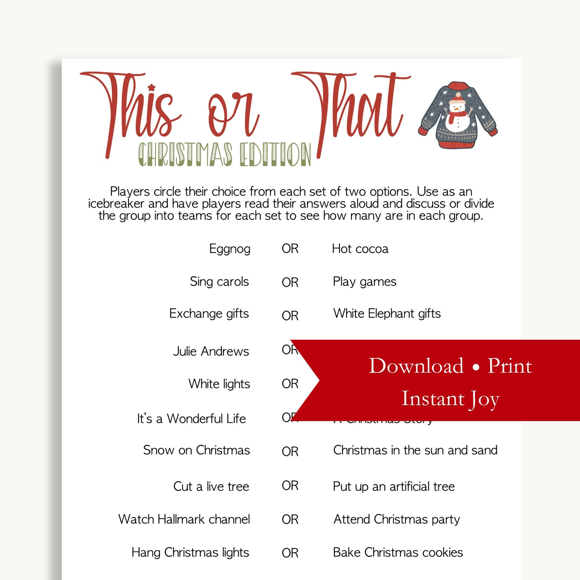 This or That Christmas Game, Printable Holiday Icebreaker for Office ...
