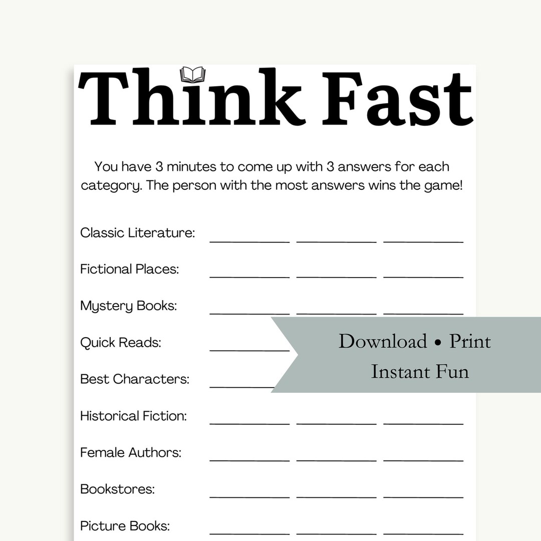 Book Club Think Fast Printable Game Writing Group Book Theme - Etsy