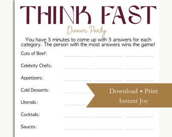 Dinner Club Think Fast Printable Game, Icebreaker for Supper Party ...
