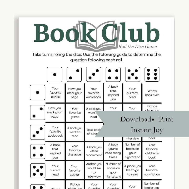 Book Club Dice Game Printable, Writing Group, Book Theme Party Game ...