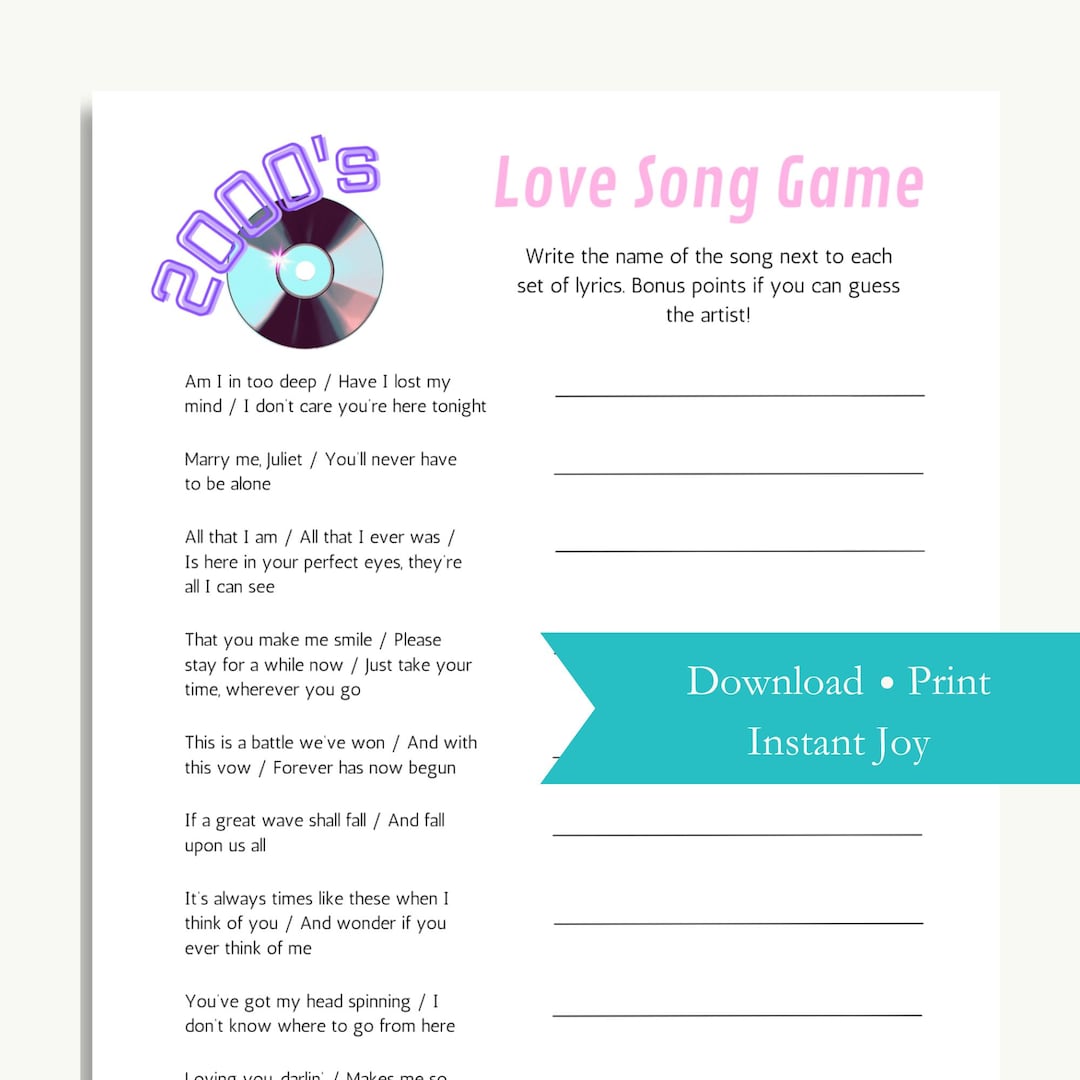 Y2K Party Game, Printable 2000's Love Song Lyrics With Answer Key ...