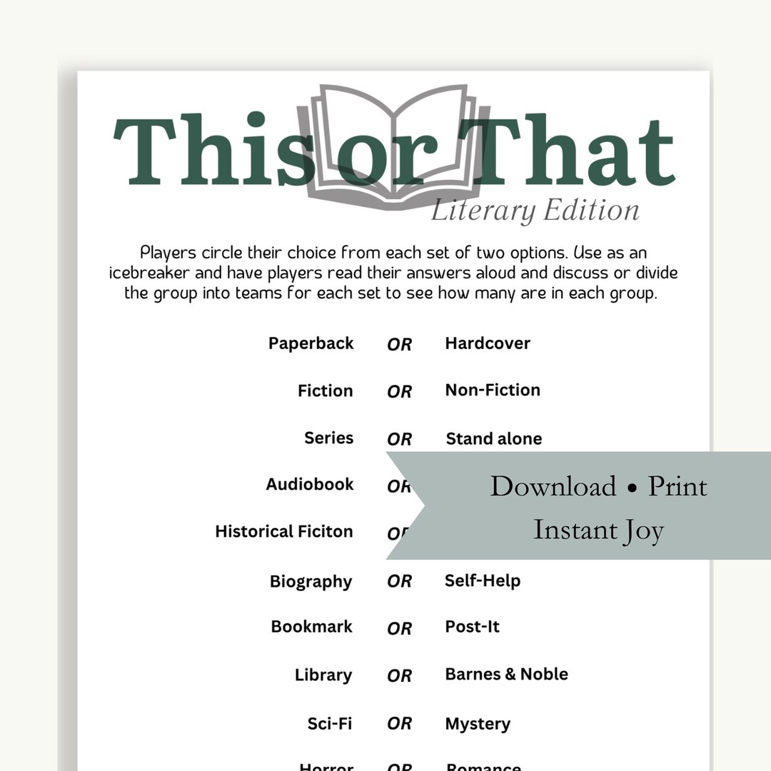 This or That Book Club Game, Instant Printable for Writing Group, Book ...